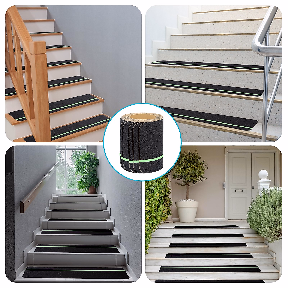 Q-Hillstar Non Slip Stair Treads with Glow in Dark Stripe (10-Pack), 6" X 28" Waterproof Non Slip Stair Tape, Outdoor Stair Treads Non-Slip, High Traction Friction Abrasive Adhesive Tape