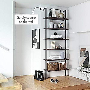 Nathan James Theo 6-Shelf Tall Bookcase, Wall Mount Bookshelf with Natural Wood Finish and Industrial Metal Frame, Nutmeg/Matte Black