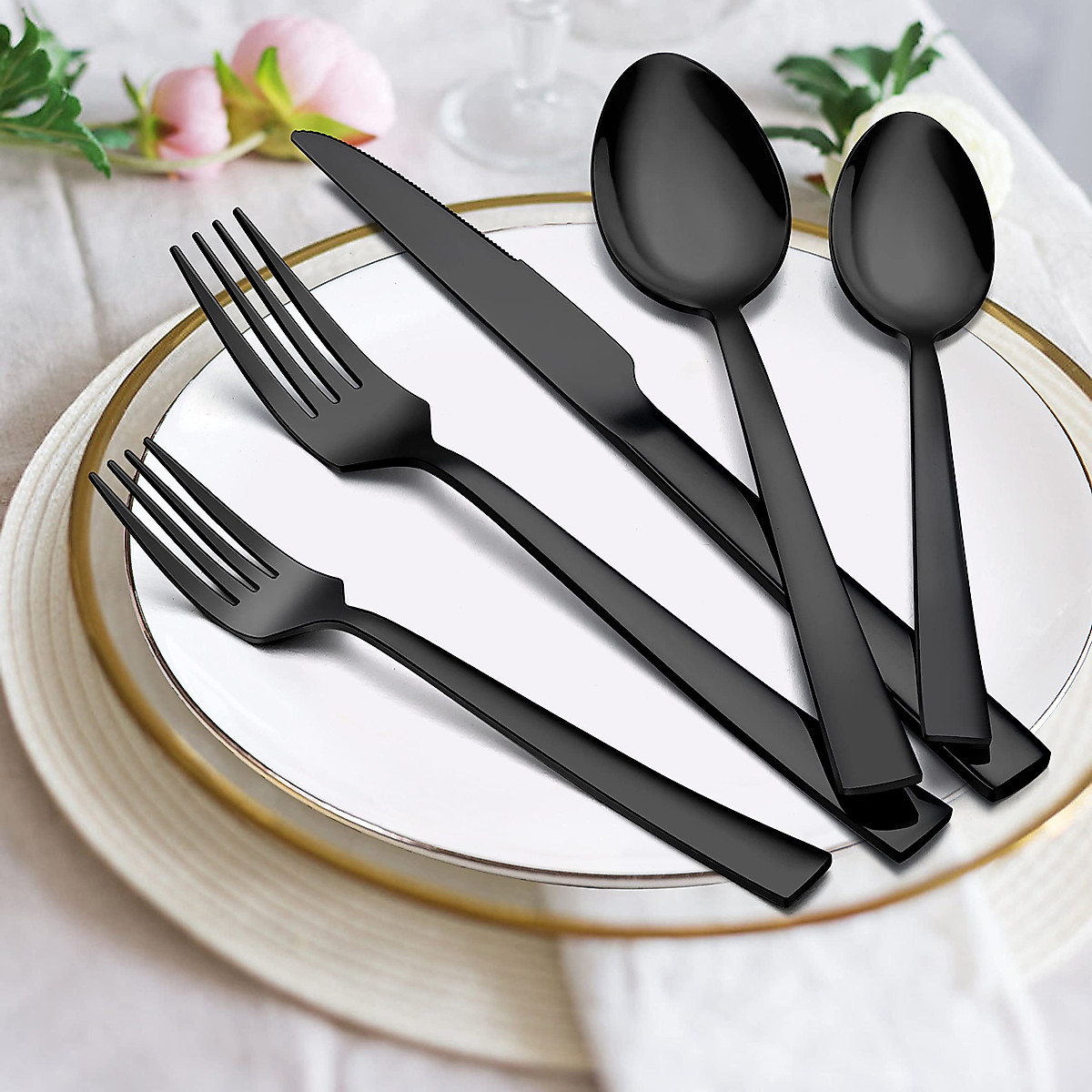 Homikit 66-Piece Shiny Black Silverware Set with Serving Utensils, Stainless Steel Square Flatware Cutlery for 12, Home Restaurant Eating Utensils with Fork Spoon Knife, Mirror Polish, Dishwasher Safe
