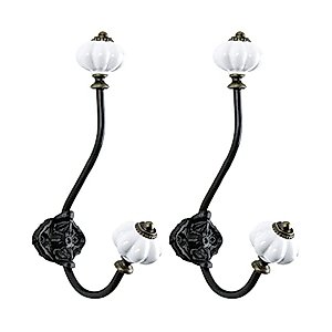 NIKKY HOME Wall Hooks Decorative 2 Pack Hanging Rustic Vintage Pumpkin Metal Iron Ceramic Antique Mounted Wall Hook for Towels Coat Bag Scarf Cap Hat Key for Farmhouse Mudroom Closet Bathroom, White