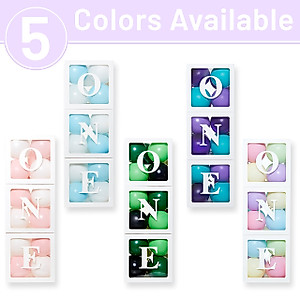 One Boxes for 1st Birthday WITH 24 Balloons for 1 Year Old Party - Baby first Birthday Decorations Clear Cube Blocks 'ONE' Letters as Cake Smash Photoshoot Props in Pastels Rainbow Unicorn Theme