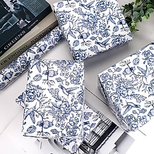 1 Roll Blue Floral Bird Wrapping Paper Mini Roll 17in x 32.8Ft Blue White Flowers Bird Pattern Gift Wrap Paper Vantege Floral Paper for Birthday Wedding Baby Shower Party Wrapping Supplies