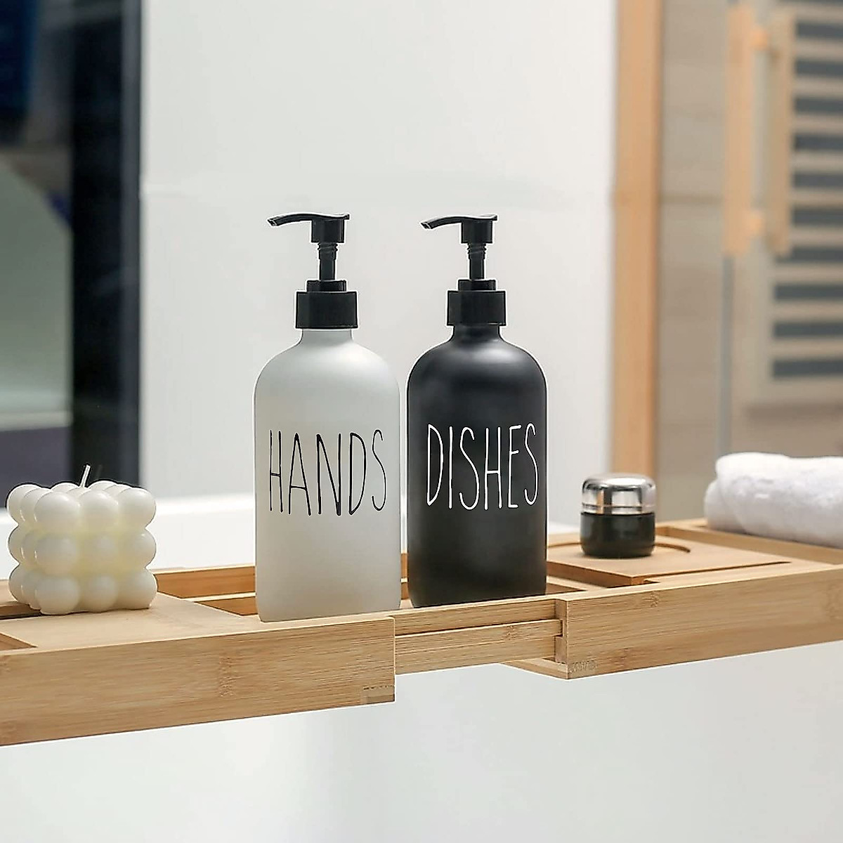 Soap Dispenser, 2pcs Contains Dish Soap Dispenser and Hand Soap Dispenser, Kitchen Soap Dispenser Set with Tray and Brush for Kitchen Sink Bathroom Counter Decor (Black & White)