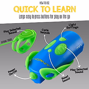 Hornit Mini, Bike & Scooter Horn and Safety Light for Children and Kids, 25 Sound Effects, 6 Light Modes: White Safety Light and Funky Green Light, Black/Black