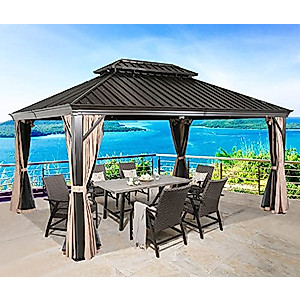 12'x16' Hardtop Gazebo, Outdoor Aluminum Permanent Pavilion Gazebo with Curtains and Netting, Brown Galvanized Steel Metal Double Roof Canopy Gazebo and Aluminum Frame for Patios, Gardens, Lawns