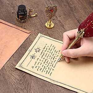 Junhartt Quill Feather Pen and Ink Set, Calligraphy Pen Glass Dip Pen and Wax Seal Stamp Kit (Red)