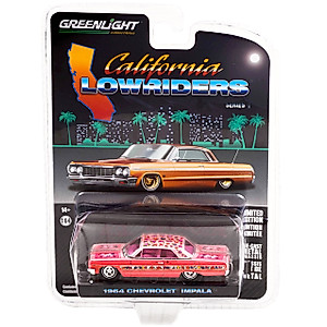 Greenlight Collectible 1964 Chevy Impala Lowrider Pink Metallic w/Rose Graphics & Pink Interior California Lowriders Release 1 1/64 Diecast Model Car by Greenlight 63010 A