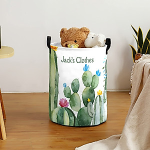 Grandkli Green Cactus Succulents Flowers Personalized Freestanding Laundry Hamper, Custom Waterproof Collapsible Drawstring Basket Storage Bins with Handle for Clothes, Toy, 50cm x 36cm