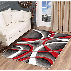 GLORY RUGS Modern Area Rug 5x7 Red Swirls Carpet Bedroom Living Room Contemporary Dining Accent Sevilla Collection 4816A (Grey Red)