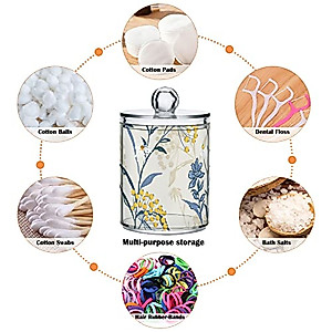 WELLDAY Apothecary Jars Bathroom Storage Organizer with Lid - 14 oz Qtip Holder Storage Canister, Beige Yellow Flowers Clear Plastic Jar for Cotton Swab, Cotton Ball, Floss Picks, Makeup Sponges,Hair
