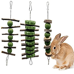 3 Pcs Bunny Teeth Grinding Chew Toys, Apple Branch Chewing Sticks with Grass Ball and Grass Cake for Rabbits Bunnies Hamsters Guinea Pigs