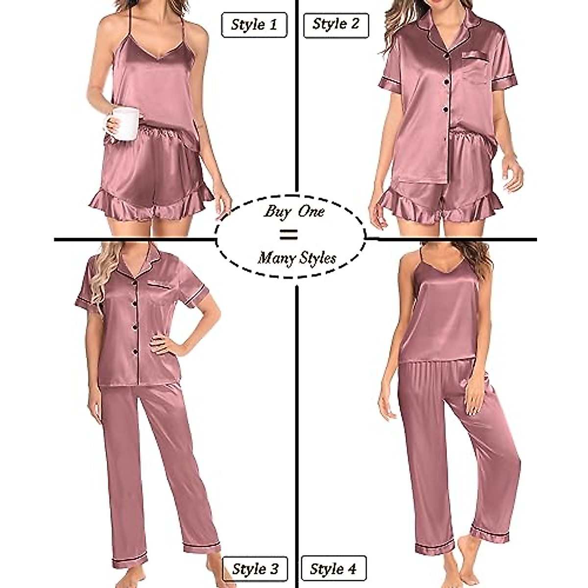 SWOMOG Womens 4 Piece Satin Pajamas Silk Short Sleeve Pj Sets Long Bottoms V Neck Cami Ruffle Shorts Pajama Pants Bridal Pjs Misty Rose