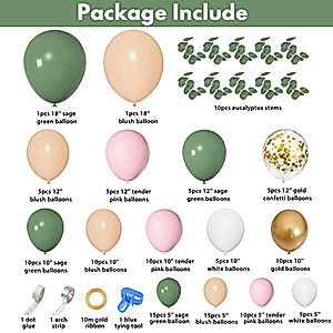 126Pcs Sage Green Balloon Garland Arch Kit, Olive Sage Green Balloons Birthday Baby Shower Decorations of Blush Pink White and Gold Confetti with Artificial Eucalyptus for Wedding Safari Party