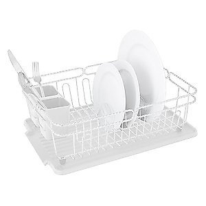 Kitchen Details 3 Piece Twisted Chrome Dish Drying Rack | Cutlery Basket | Drain Tray | Countertop | Sink | White
