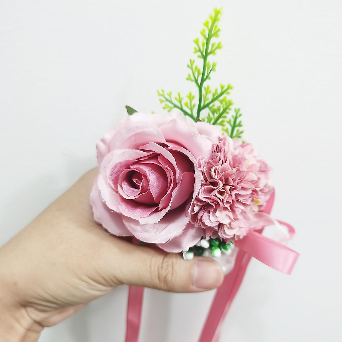 Axnhbubu 4Pcs Bridesmaid Purple Wrist Corsage Bracelet Wristlet Band Bridal Dusty Rose Corsage Girl Women Hand Flowers Boutonnieres for Wedding Prom Party Decorations