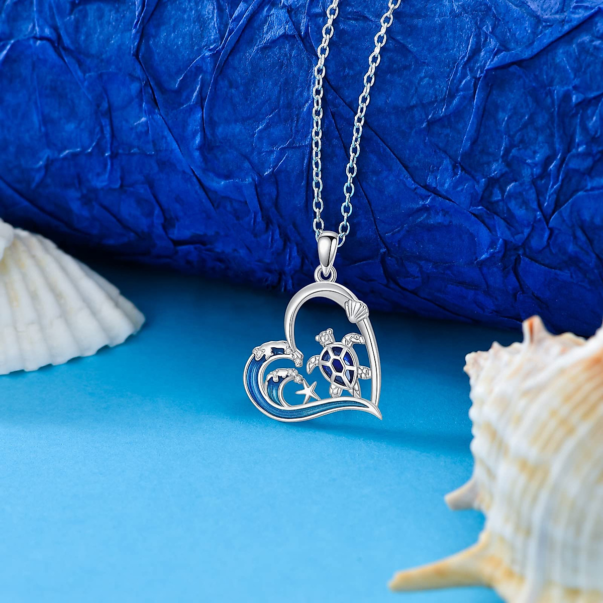 Dorunmo Turtle Necklace 925 Sterling Silver Sea Turtle Necklaces Aquamarine Heart Tortoise Pendant Starfish Shell Charm Blue Wave Jewelry Nautical Ocean Theme Gifts For Beach Lover Women Wife Friends