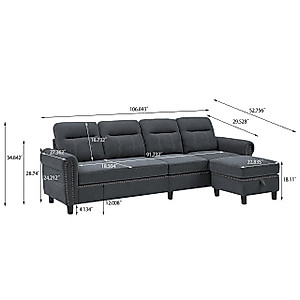 Jarenie 107" Convertible Sectional Sofa, 4-Seat L Shaped Couch with Storage Chaise Lounge and Side Pocket, Modern Linen Fabric Sectional Couches for Living Room, Dark Grey
