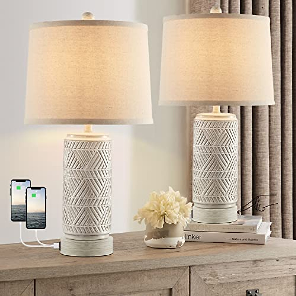 RORIANO Set of 2 Rustic Touch Ceramic Table Lamps for Living Room, 3 Way Dimmable with Dual USB Ports Bedroom Nightstand Lamp, Linen Fabric Shade Bedside Accent Desk Lamps, LED Bulb Included