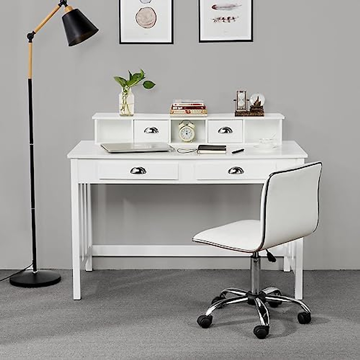 Yaheetech Writing Computer Desk Home Office Desk with Drawers and Hutch, 47 In Wood Frame Secretary Desk for Home Office with Large Desktop, Modern Workstation with Removable Floating Organizer, White