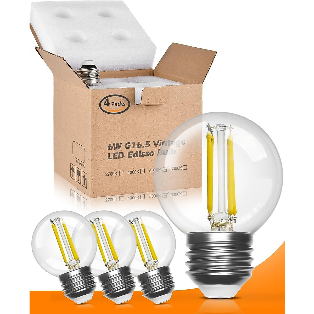 【Upgraded】 E26 Led Bulbs 60 watt G16.5 Led Light Globe Small Light Bulb, Warm White 2700K, Vintage Edison Bulb, Led Edison Bulb 6W for Celling Fan Vanity Light CRI 90+ 750LM, Non-Dimmable, 4-Pack