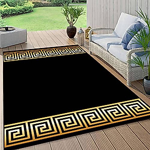 Geometric Greek Gold Pattern Area Rugs, Black Yellow Geometric Easy Clean Rug, Soft Non-Skid Carpet Throw Rug for Kids Teen Girls Boys Bedroom, Living Room Bathroom,Classroom Office 3ftx5ft