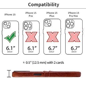Dockem Card Case for iPhone 15 with Built-in Metal Plate for Magnetic Mounting & 2 Card Holder Pockets: Exec M2 Premium Synthetic Leather Wallet Case (iPhone 15, Brown)