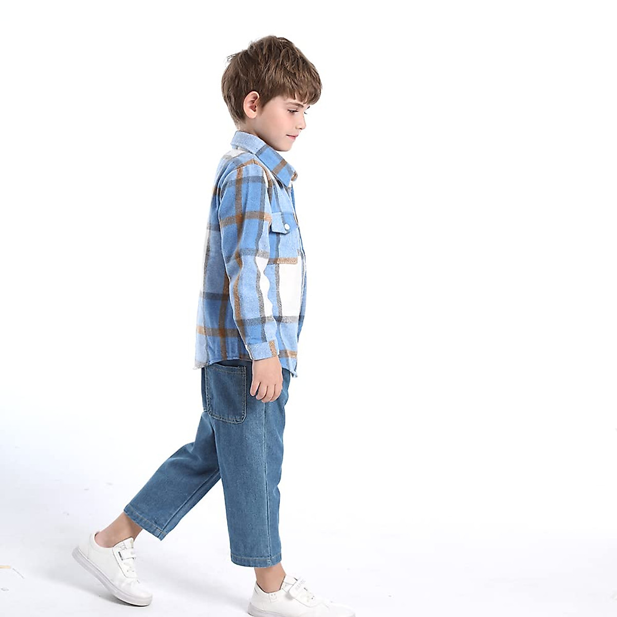 Feidoog Toddler 2 Pack Baby Boys and Girls Plaid Shirts Jacket Long Sleeve Lapel Button Down Shirt Top Outwear Clothes,Blue+Brown,3-4T