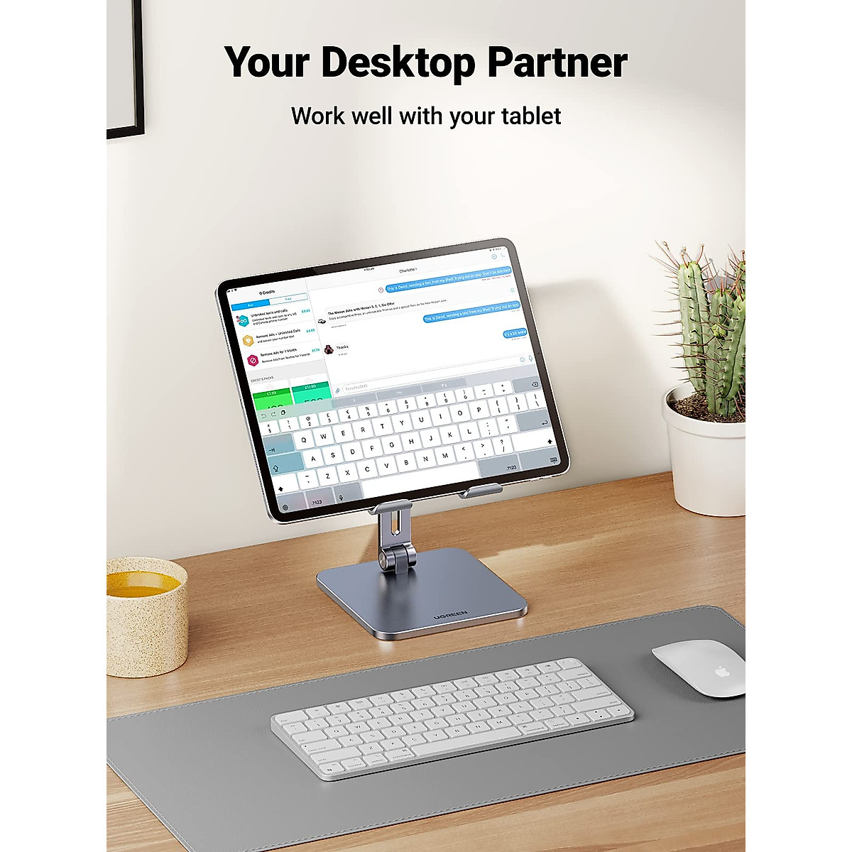 UGREEN Tablet Stand Compatible for iPad Desk Stand Holder Adjustable Aluminum Thicker Base Compatible with iPad Pro Air Mini 13 12.9 11 Inch Home Office Desk Accessories Grey