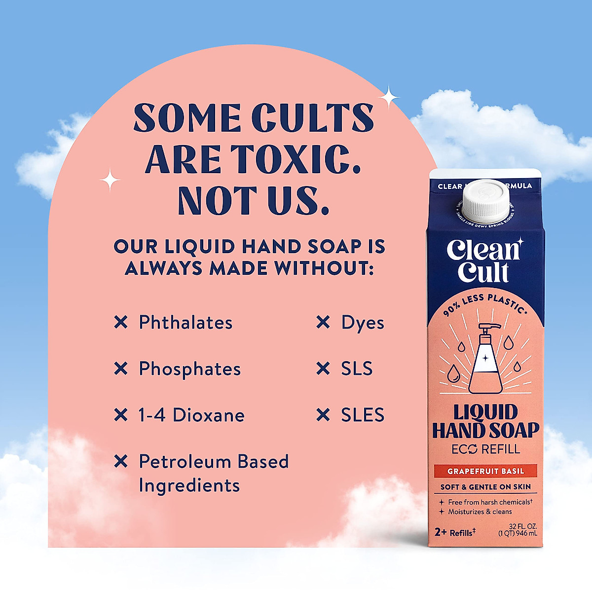 Cleancult Liquid Hand Soap Refills (32oz, 3 Pack) - Nourishes & Moisturizes - Free of Harsh Chemicals - Paper Based Eco Refill, Uses 90% Less Plastic - Grapefruit Basil