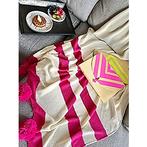 Knit Pink Throw Blankets for Couch- 50x60 Inches , Reversible Woven Cotton Striped Soft Throw Blanket for Bed with Pom Pink & Cream Full