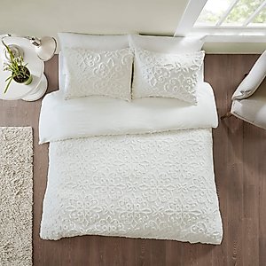 MISC White Chenille Duvet Cover Full Queen Set Tufted Bedding Floral Medallion Chenile Cotton Farmhouse Pretty Shabby Chic Country Charm, 3 Piece
