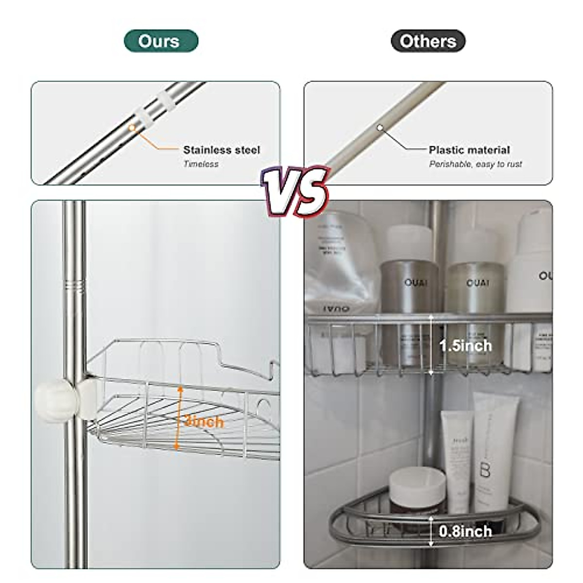 shower caddy corner organizer for bathroom,caddy shelves cirner storage bathtub shampoo holder rack with rustproof stainless tension pole 4-tier adjustable stand on floor 100-130 inches height