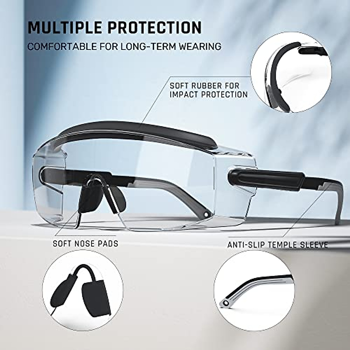 TOREGE Safety Glasses Over Glasses, Anti Fog Safety Glasses With Adjustable Frame And Temples,Fit Well Over Eyeglasses (Black)