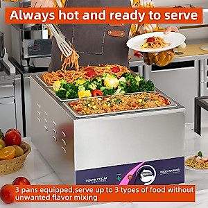 TOPKITCH 3-Pan 18L Commercial Food Warmer with Non-Leakage Stretch-Forming Water Tank &3 of 1/3 Size GN Pan,Countertop Soup Station Bain Marie Steam Table for Buffet,Catering,Parties and Restaurants