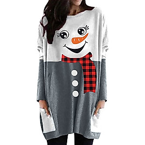 MOUSYA Women Dress Shirt Christmas Long Sleeve Tops Santa Printed Pullover Loose Plus Size T-Shirt Blouse with Pockets (gray white, X-Large)