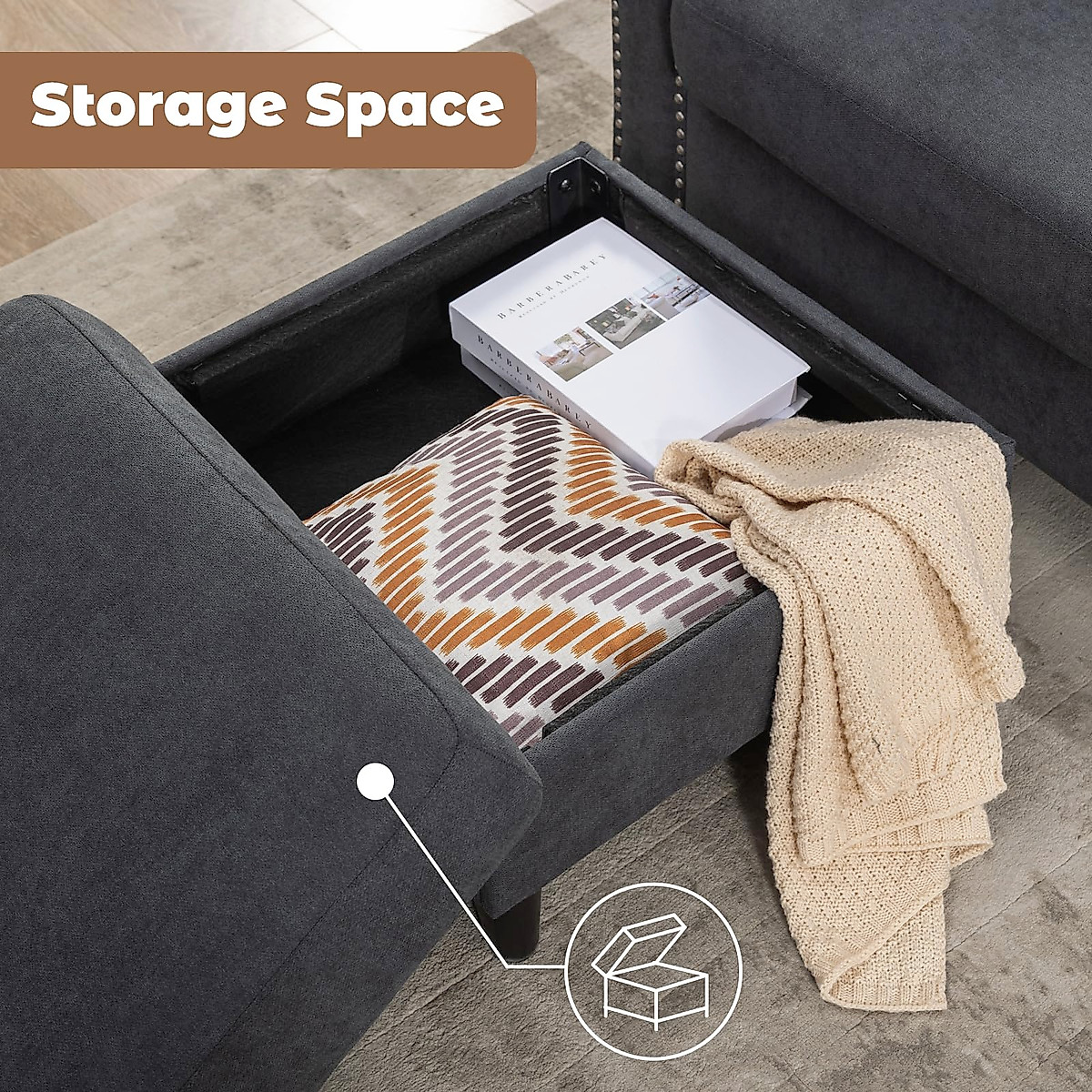 Siiejia Convertible Sectional Couches for Living Room, L-Shaped Couch 3 Seats Sofas with Storage Chaise & 2 Cup Holders, Small Sofa for Apartment, Compact Spaces, Dark Grey