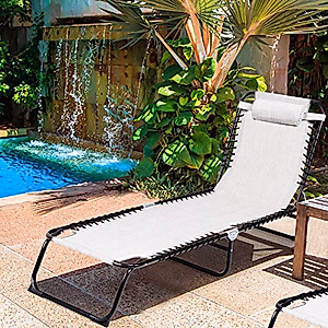 GYMAX Folding Beach Chaise Lounge, 3-Level Adjustable Lounge Chair with Detachable Pillow, Portable Recliner for Backyard, Patio, Poolside, Beach (Grey)