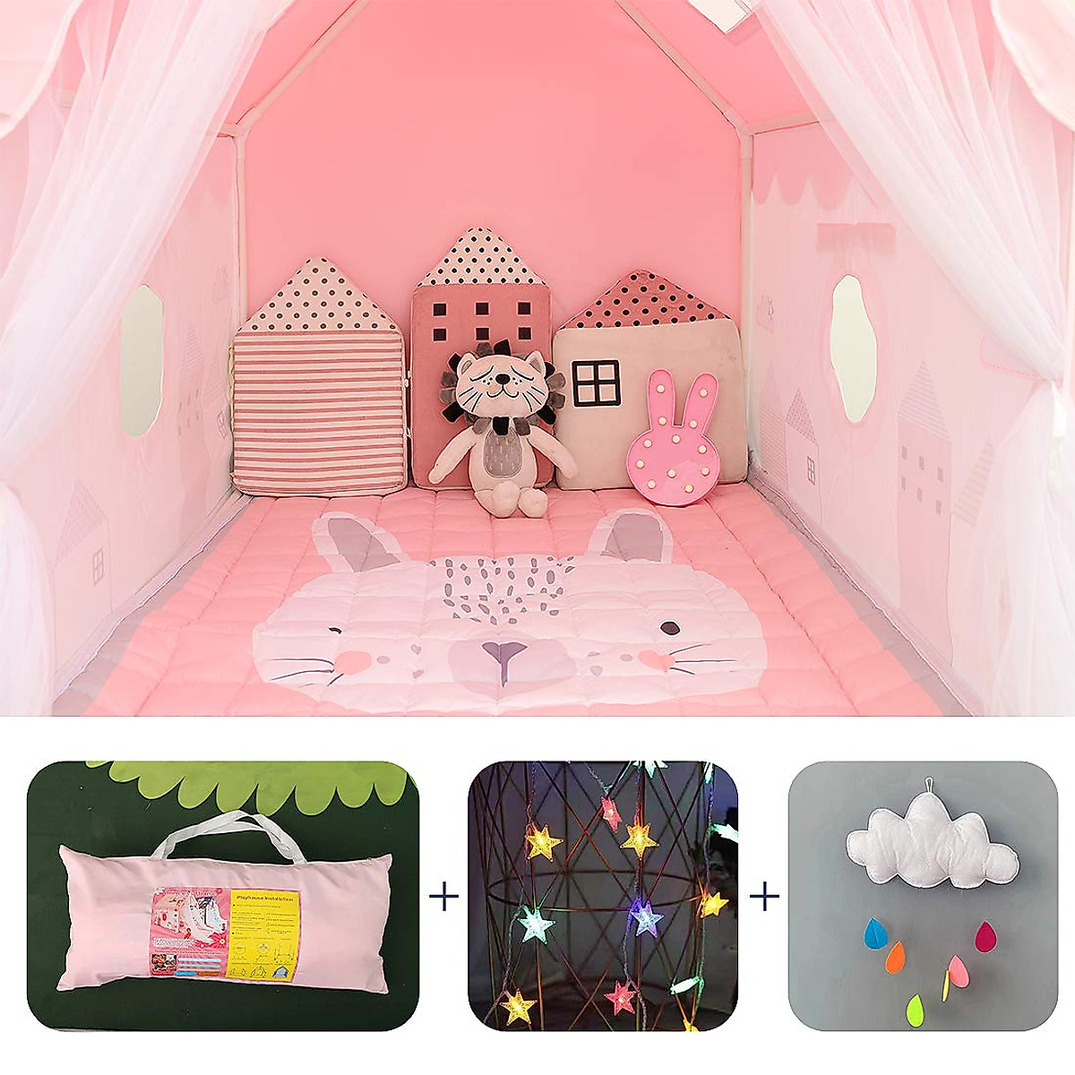 YOIKO Kids Tents Indoor Playhouses Girls 9.9Ft Star String Lights Pink Tent for Girls Upgraded Large Kids Indoor Tents and Playhouses Longer Curtain with Colorful Accessories Decoration 50.4" x 47.3"