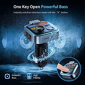 UNBREAKcable Bluetooth 5.0 FM Transmitter for Car, [PD 20W + QC 3.0] [Stronger Microphone & HiFi Bass Sound] Cigarette Lighter Radio Music Adapter Charger, Supports Hands-Free Siri Google Assistant