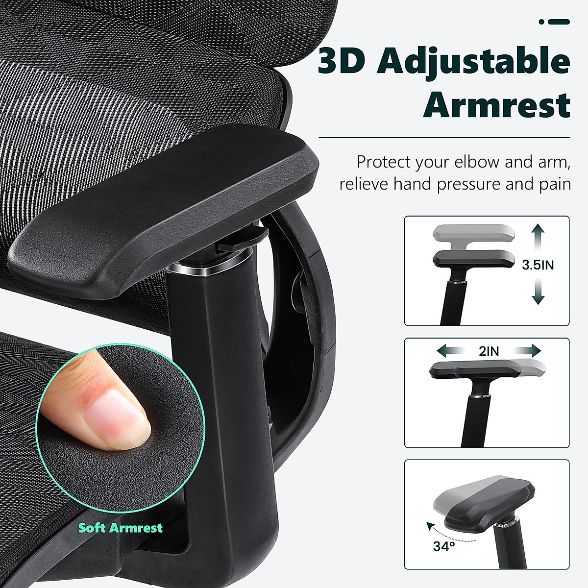 Ergonomic Office Chair, High Back Mesh Executive Chair with Lumbar Support, Adjustable Seat Depth, 3D Armrest & Headrest, Comfy Computer Desk Chair with Metal Base, for Gaming, Hotel, Black