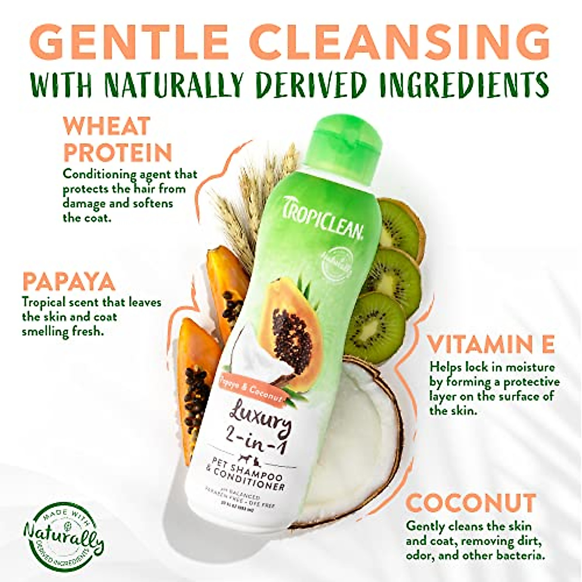 TropiClean 2-in-1 Papaya & Coconut Dog Shampoo and Conditioner | Natural Pet Shampoo Derived from Natural Ingredients | Cat Friendly | Made in the USA | 20 oz.