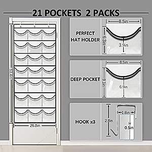DonYeco 2 Pack Hat Racks for Baseball Caps, 42 Pockets Over Door Cap Organize, Bottom Pocket Space Upgraded with Fixing Stickers, White