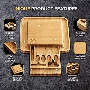Cheese Board and Knife Set - Premium Quality Bamboo Charcuterie Platter for Slicing Cheese, Meat, Fruits, Vegetables - Hidden Drawer with 4 Stainless Steel Cutting and Serving Utensils - by Weegee