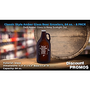 DISCOUNT PROMOS 6 Amber Glass Beer Growlers Set, 64 oz. - Customizable Text, Logo - Screw on Lid, Sturdy, Barware - Amber