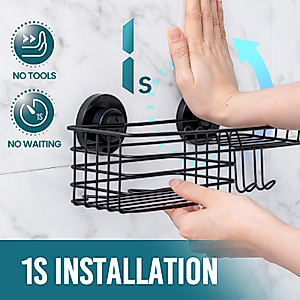 TAILI Shower Caddy Suction Cup with Hooks & Soap holder, Heavy Duty Bathroom Shower Organizer, No Drilling Shower Shelf for Inside Shower, Stainless Steel Black Shower holder organizer