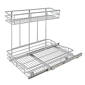 TQVAI Pull Out Cabinet Organizer, 2 Tier Under Sink Storage Shelf with Sliding Drawer, Wire Kitchen Slide Out Basket - 11.75W x 17D x 15.38H, Request at Least 12.5" Cabinet Opening
