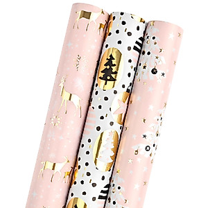 LDGOOAEL Mini Short Small Christmas Wrapping Paper Roll with Cut Lines on Reverse (17" X 120" Per Roll) - Pink Gift Wrap with Christmas Deer&Tree Design for Holiday, Birthday, Wedding, Baby Shower