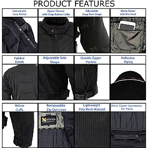 Xelement CF2157 Men's 'Caliber' Black Mesh Motorcycle Jacket with X-Armor Protection - X-Large