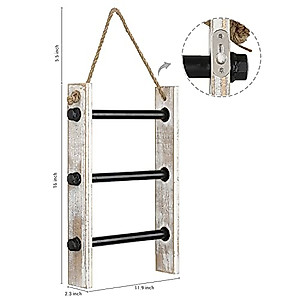 MyGift 3-Tiered Hanging Hand Towel Rack Ladder, Wall Mounted Whitewashed Wood and Industrial Pipe Bathroom Storage Towel Holder with Rope