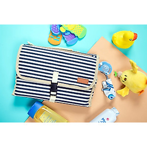 Simple Being Portable Changing Pad, Travel Diaper Canvas Clutch Mat, Diaper Bag Essential with Storage Pockets for Wipes and a Supportive Foam Head Pillow Padding (Navy Stripe)
